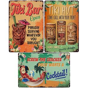 tiki bar decor 3pc set, fun tiki bar signs for your tiki bar, 8" x 12", ready to hang with 12 screws included, tiki bar decorations, tiki bar accessories, tiki decorations outdoor