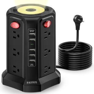 surge protector power strip tower with 5 usb ports and night light, 10ft extension cord with 12 ac multiple outlets, passus power tower, overload protection for home office dorm room (black)