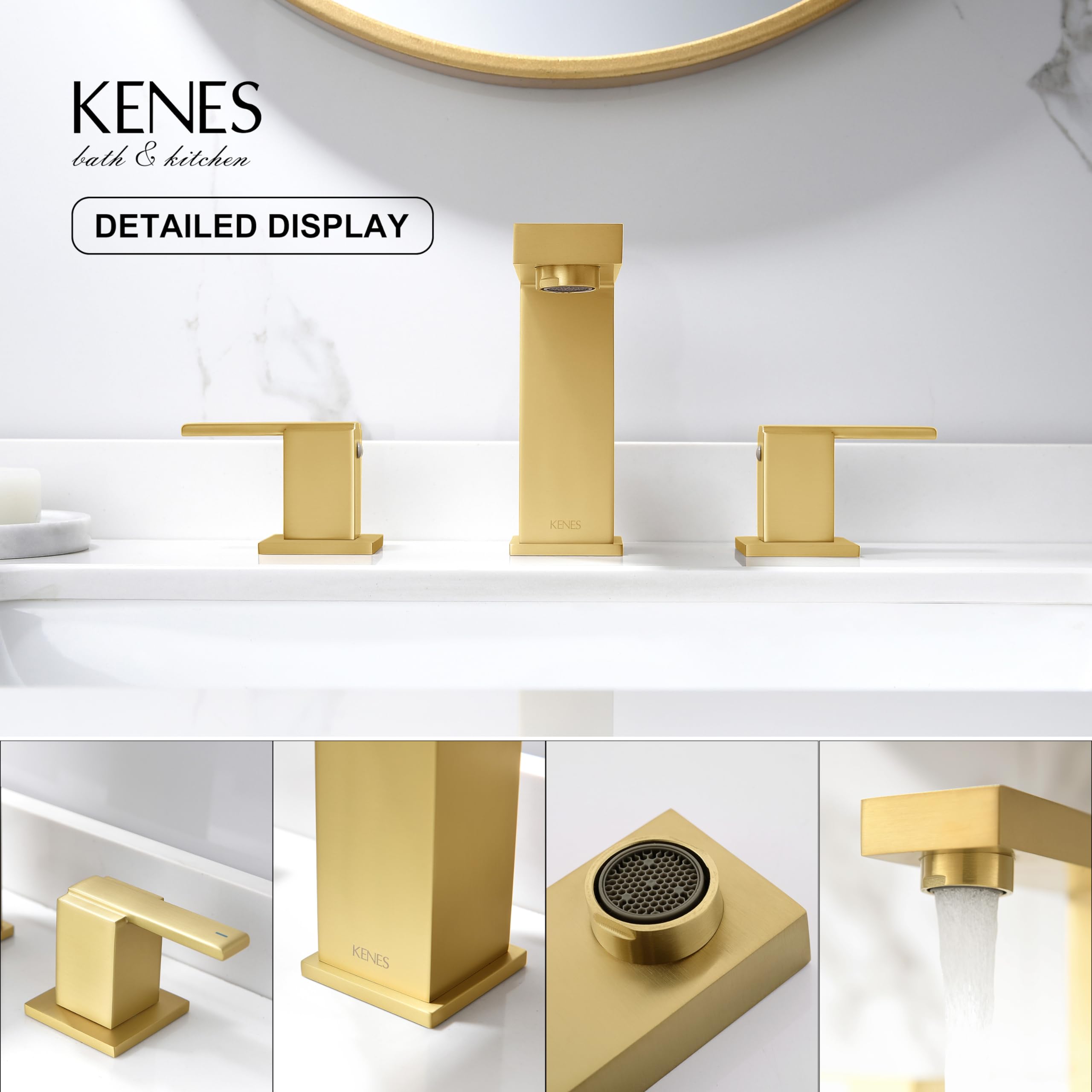 KENES Gold Widespread Bathroom Faucet Brushed Gold Two Handle Bathroom Sink Faucet 3 Hole, 8-Inch Bathroom Faucet Vanity Faucet with Lead-Free Supply Hose, KE-9050-4