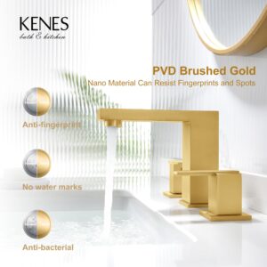 KENES Gold Widespread Bathroom Faucet Brushed Gold Two Handle Bathroom Sink Faucet 3 Hole, 8-Inch Bathroom Faucet Vanity Faucet with Lead-Free Supply Hose, KE-9050-4