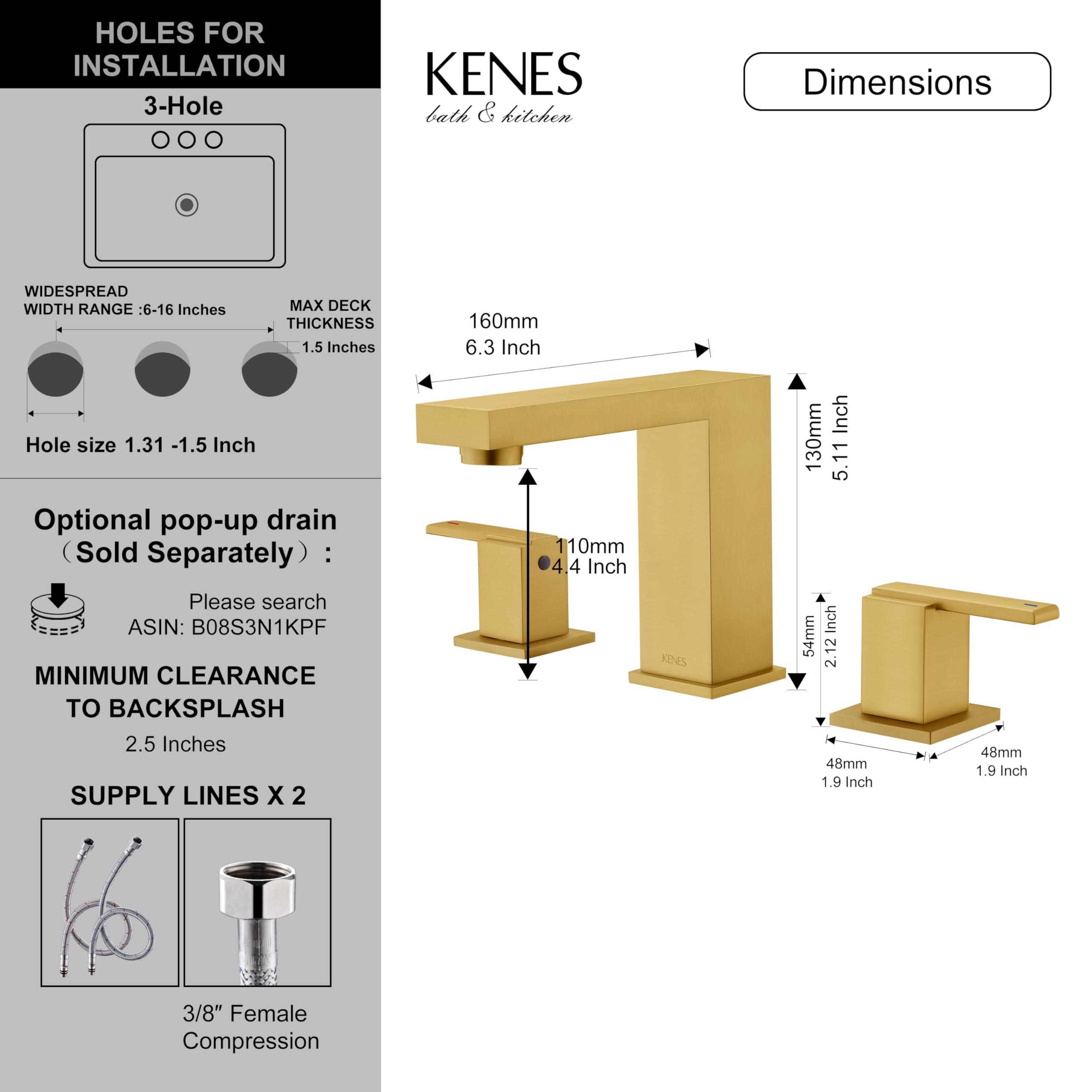 KENES Gold Widespread Bathroom Faucet Brushed Gold Two Handle Bathroom Sink Faucet 3 Hole, 8-Inch Bathroom Faucet Vanity Faucet with Lead-Free Supply Hose, KE-9050-4