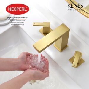 KENES Gold Widespread Bathroom Faucet Brushed Gold Two Handle Bathroom Sink Faucet 3 Hole, 8-Inch Bathroom Faucet Vanity Faucet with Lead-Free Supply Hose, KE-9050-4