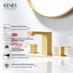 KENES Gold Widespread Bathroom Faucet Brushed Gold Two Handle Bathroom Sink Faucet 3 Hole, 8-Inch Bathroom Faucet Vanity Faucet with Lead-Free Supply Hose, KE-9050-4