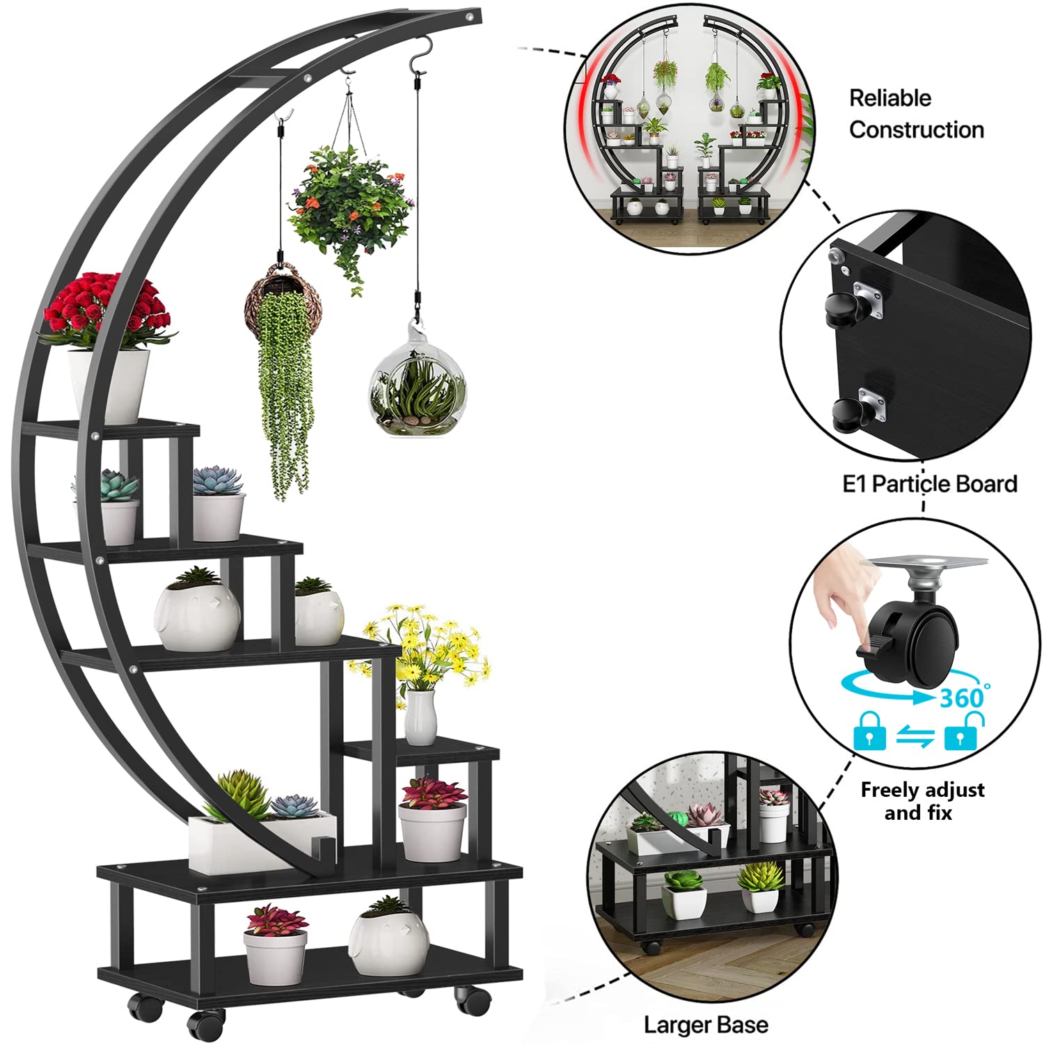 2 Pcs 6 Tier Tall Metal Indoor Plant Stand with Detachable Wheels, Half-Moon-Shaped Plant Shelf Holder for Outdoor Clearance, Multi-Purpose Plant Stands for Home Decor, Balcony, Patio, Garden