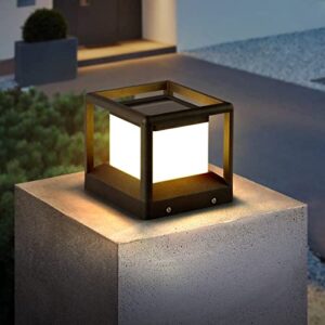 mvbt solar post cap light, modern outdoor fence deck column cap lamp lantern 3000k landscape lighting for flat surface patio posts garden decoration ip65 waterproof（‎7.1"x7.1"x6.5"）