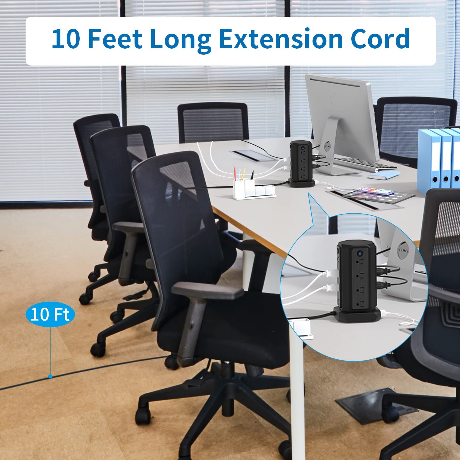 10ft Extension Cord with Multiple Outlets, NTONPOWER 16 Outlet 4 USB Surge Protector Power Strip Tower, Individual Switch Desktop Charging Station for Home Office Dorm Room Computer Desk