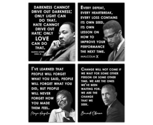 black leaders: mlk jr, malcolm x, maya angelou, barack obama: positive quotes; inspirational, motivational wall art decor poster for office, classroom, livingroom | set of 4 unframed posters 8x10