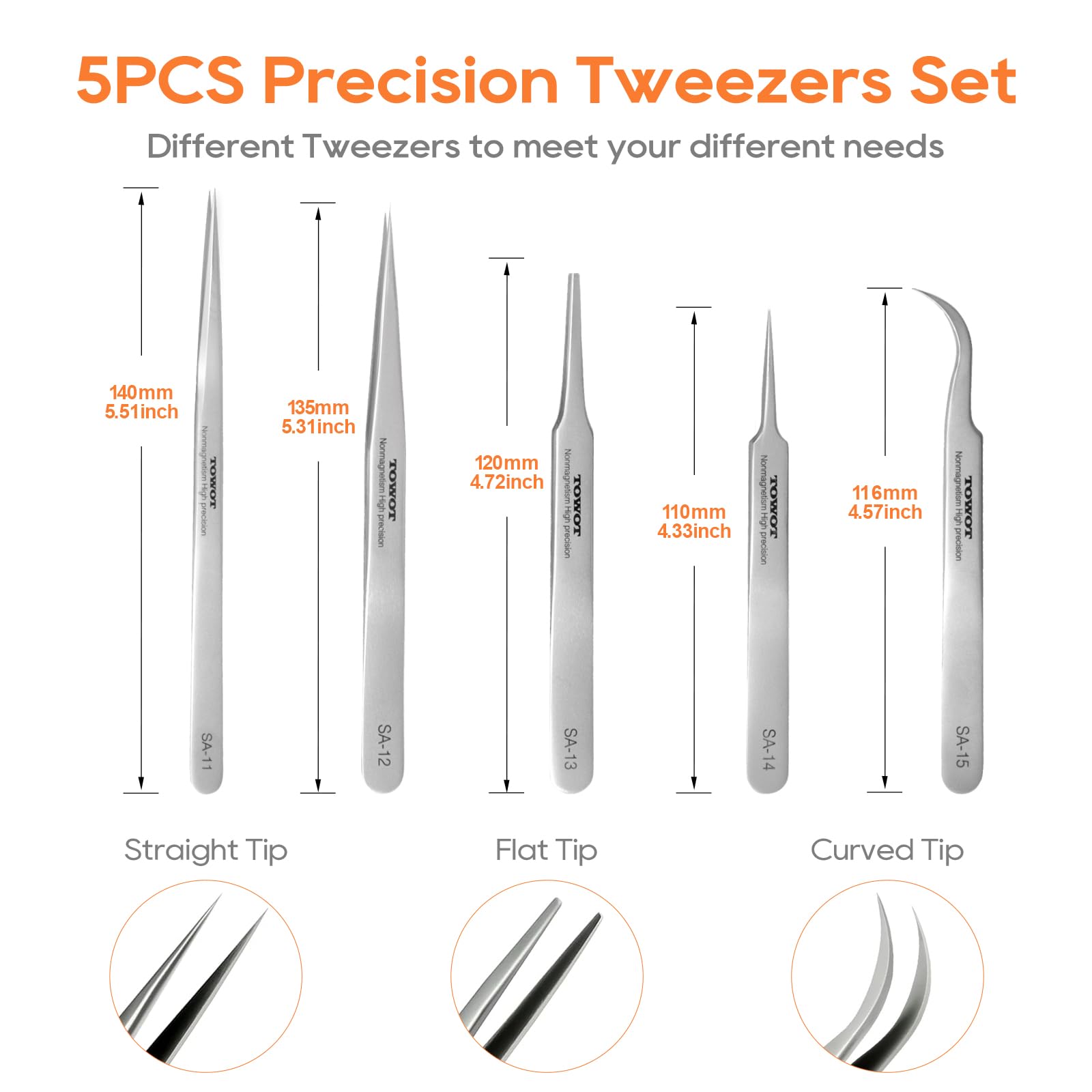 TOWOT Precision Tweezers, Stainless Steel Eagle Beak Tweezers for Craft, Electronics, Soldering, Medical and Experimental Work, Jewelry-Making, Non-Magnetic Curved Tweezers