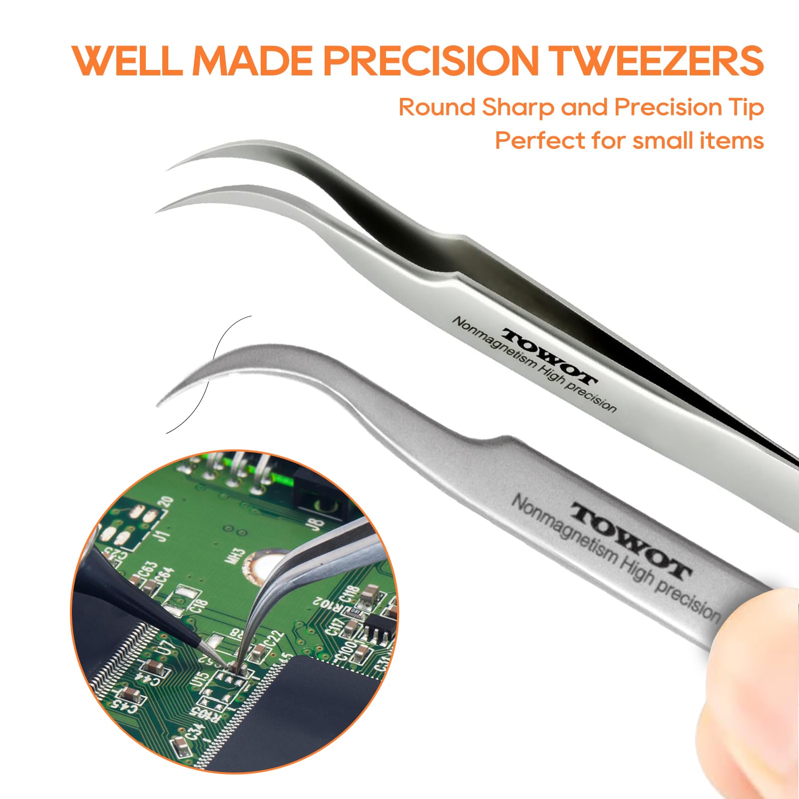 TOWOT Precision Tweezers, Stainless Steel Eagle Beak Tweezers for Craft, Electronics, Soldering, Medical and Experimental Work, Jewelry-Making, Non-Magnetic Curved Tweezers