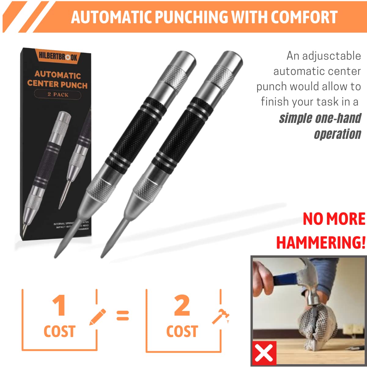 Automatic Center Punch 5 Inch Spring Loaded Center Punch Adjustable Tension Punch Tool for Metal Wood Glass Plastic(2 Pack)