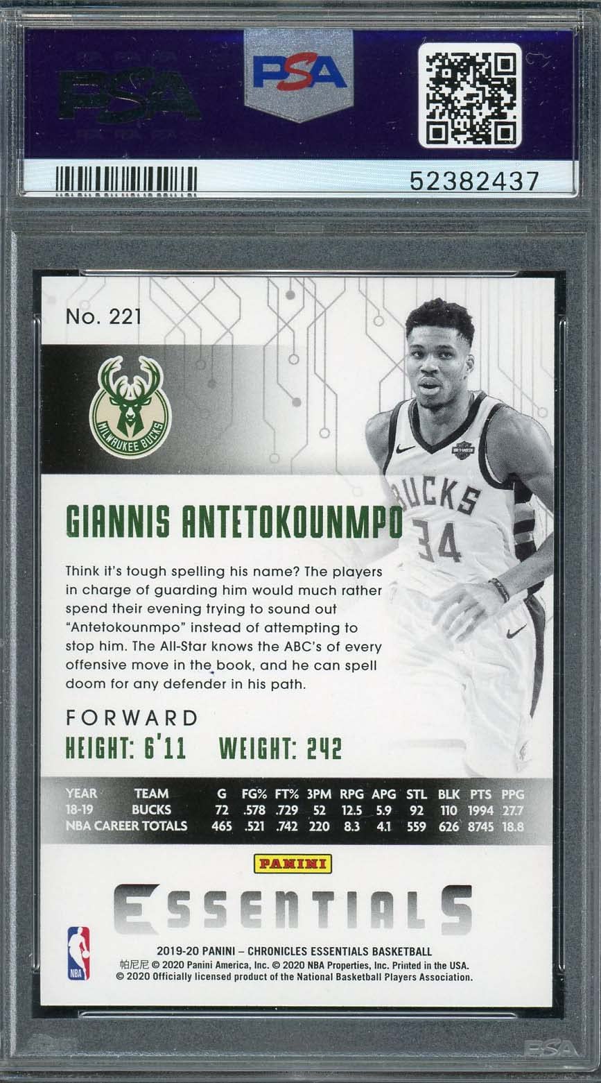 Giannis Antetokounmpo 2019 Panini Chronicles Basketball Card #221 Graded PSA 10