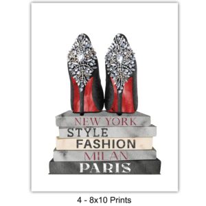 Designer Wall Art & Decor - Glam Living room Wall Decor - High Fashion Wall Decor - Glamour Wall Art - Luxury Wall Decor - Bedroom Decor for Women Girls Teens - Luxury Gifts - Red Roses Books Shoes