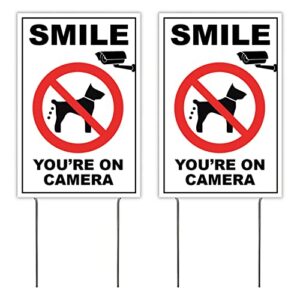 4lessco 8x12 inch smile you are on camera no dog poop yard lawn sign with stake wb-v,2 pack,white