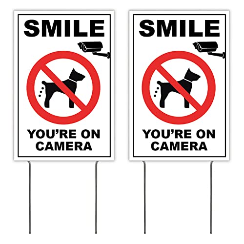 4LessCo 8x12 Inch Smile You are ON Camera No Dog Poop Yard Lawn Sign with Stake wb-v,2 Pack,White