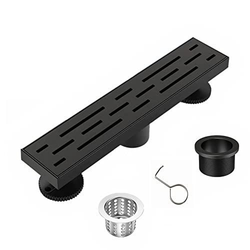 Fibetter Linear Shower Drain 12-Inch with Removable Brickwork Pattern Grate, 304 Stainless Steel Shower Floor Drain Matte Black Include Accessories