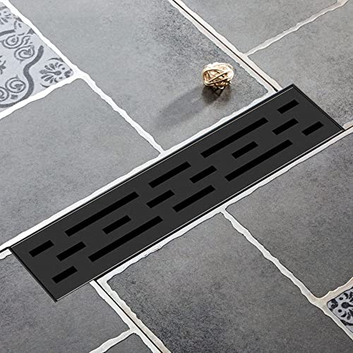 Fibetter Linear Shower Drain 12-Inch with Removable Brickwork Pattern Grate, 304 Stainless Steel Shower Floor Drain Matte Black Include Accessories