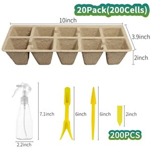 200Cells Seedling Start Trays with Drain Holes,20pcs Peat Pots Seedling Pots Biodegradable,Seedling Starter Kit,Organic Germination Plant Starter Trays(200xLabels,2xTransplant Tools,1xSpray Bottle)