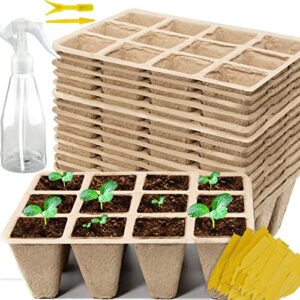 120cells seedling start trays,10 pack peat pots seedling pots biodegradable,seedling starter kit,organic germination plant starter trays,cell pots with 100 labels,2 transplant tools,1 spray bottle