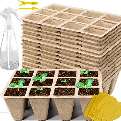 120Cells Seedling Start Trays,10 Pack Peat Pots Seedling Pots Biodegradable,Seedling Starter Kit,Organic Germination Plant Starter Trays,Cell Pots with 100 Labels,2 Transplant Tools,1 Spray Bottle