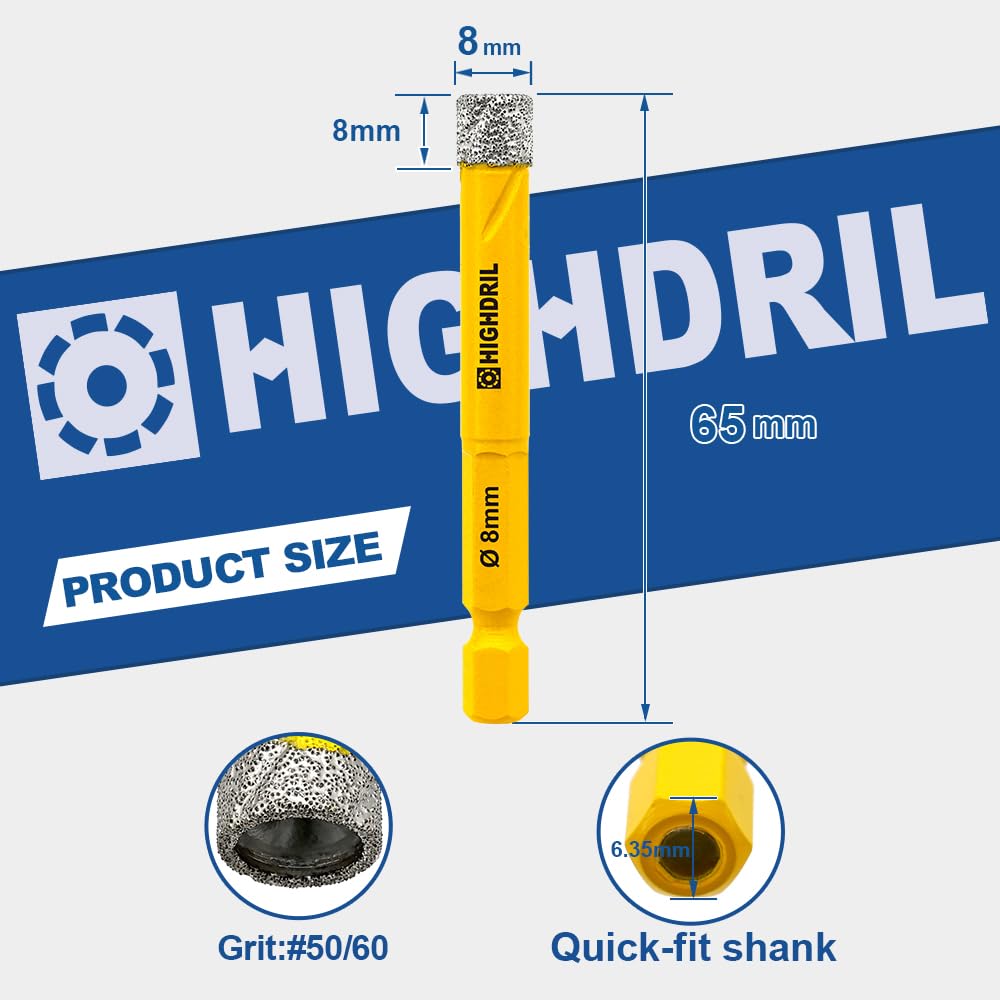 HIGHDRIL Dry Diamond Drill Bits,2pcs 8mm 5/16" with Hex-Shank Diamond-Hole-Saw for Granite Marble Porcelain Ceramic-Tile Drill Bits