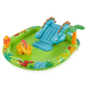 intex 57166ep little dino dinosaur themed inflatable backyard pool play center with palm tree sprayer, mini slide, and inflatable dinosaur