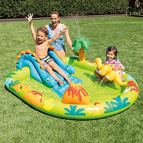 Intex 57166EP Little Dino Dinosaur Themed Inflatable Backyard Pool Play Center with Palm Tree Sprayer, Mini Slide, and Inflatable Dinosaur