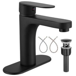 heyalan matte black single hole bathroom faucet,1 handle brass bathroom sink faucets basin mixer tap deck mount lavatory vanity restroom faucet deck plate pop up drain included