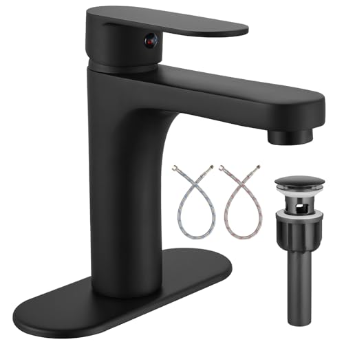 Heyalan Matte Black Single Hole Bathroom Faucet,1 Handle Brass Bathroom Sink Faucets Basin Mixer Tap Deck Mount Lavatory Vanity Restroom Faucet Deck Plate Pop Up Drain Included