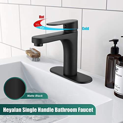 Heyalan Matte Black Single Hole Bathroom Faucet,1 Handle Brass Bathroom Sink Faucets Basin Mixer Tap Deck Mount Lavatory Vanity Restroom Faucet Deck Plate Pop Up Drain Included