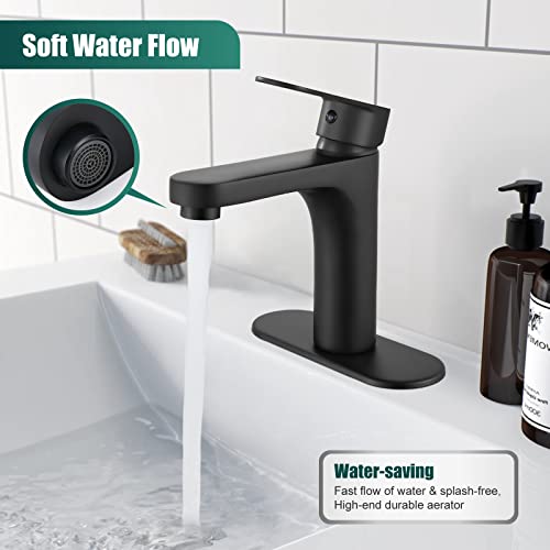 Heyalan Matte Black Single Hole Bathroom Faucet,1 Handle Brass Bathroom Sink Faucets Basin Mixer Tap Deck Mount Lavatory Vanity Restroom Faucet Deck Plate Pop Up Drain Included