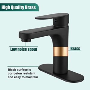 Heyalan Matte Black Single Hole Bathroom Faucet,1 Handle Brass Bathroom Sink Faucets Basin Mixer Tap Deck Mount Lavatory Vanity Restroom Faucet Deck Plate Pop Up Drain Included