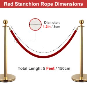 LVYIHAN 2 Pack Velvet Stanchion Rope Red, 5 Ft Crowd Control Ropes Barrier with Gold Hooks, Hanging VIP Rope for Party Decoration