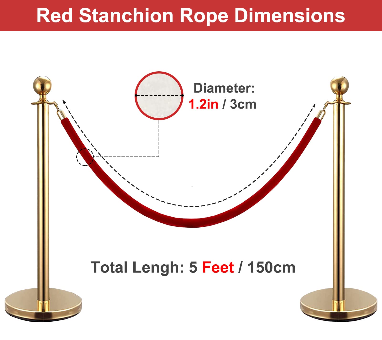 LVYIHAN 2 Pack Velvet Stanchion Rope Red, 5 Ft Crowd Control Ropes Barrier with Gold Hooks, Hanging VIP Rope for Party Decoration