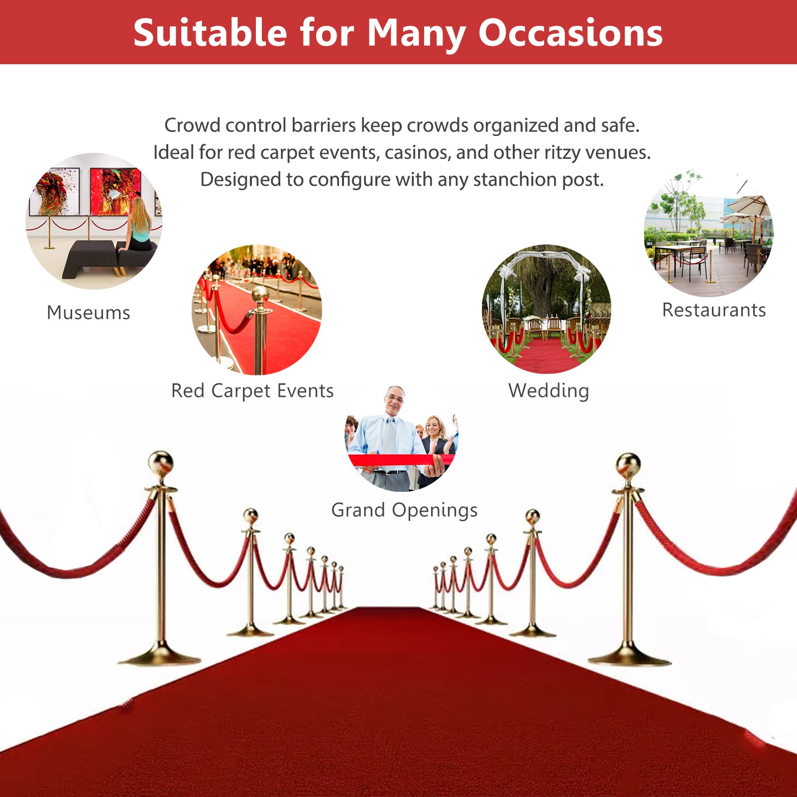 LVYIHAN 2 Pack Velvet Stanchion Rope Red, 5 Ft Crowd Control Ropes Barrier with Gold Hooks, Hanging VIP Rope for Party Decoration