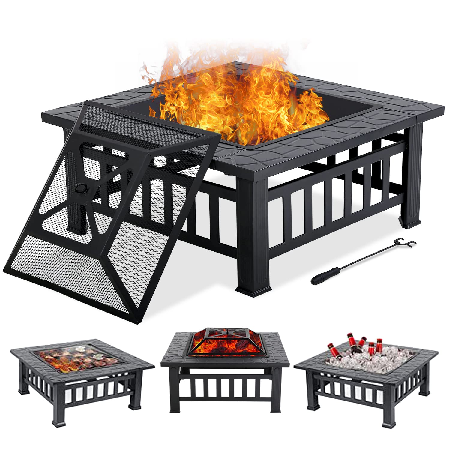 HCY 32" Fire Pit Table for Outside,Outdoor Fire Pit Square Wood Burning with Spark Screen Fire Poker for Camping,Backyard,Patio(Black)