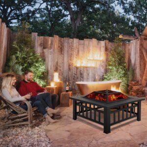 HCY 32" Fire Pit Table for Outside,Outdoor Fire Pit Square Wood Burning with Spark Screen Fire Poker for Camping,Backyard,Patio(Black)