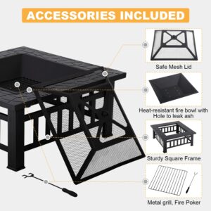 HCY 32" Fire Pit Table for Outside,Outdoor Fire Pit Square Wood Burning with Spark Screen Fire Poker for Camping,Backyard,Patio(Black)