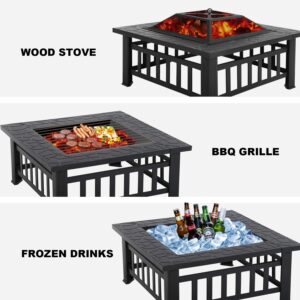 HCY 32" Fire Pit Table for Outside,Outdoor Fire Pit Square Wood Burning with Spark Screen Fire Poker for Camping,Backyard,Patio(Black)