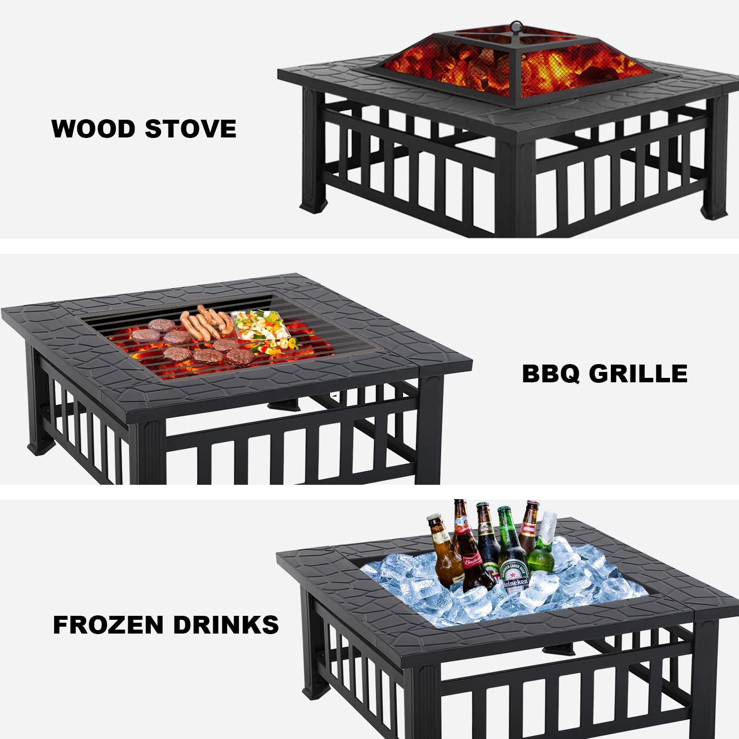 HCY 32" Fire Pit Table for Outside,Outdoor Fire Pit Square Wood Burning with Spark Screen Fire Poker for Camping,Backyard,Patio(Black)