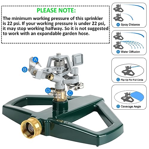 STYDDI Metal Pulsating Impact Sprinkler with Metal Base, Heavy Duty Adjustable Circular Zinc Impulse Sprinkler for Lawn, Yard and Large Area, Water Coverage up to 5,800 Sq. ft