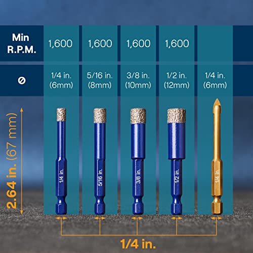 Dry Diamond Drill Bits - 5 Pcs Set 1/4", 5/16", 3/8",1/2" - Tile Drill Bits & 1/4 Carbide Drill Bit - Diamond Tip Drill Bit for Glass, Ceramic, Tile, Marble, Porcelain - Glass Drill Bit with Hex Shank