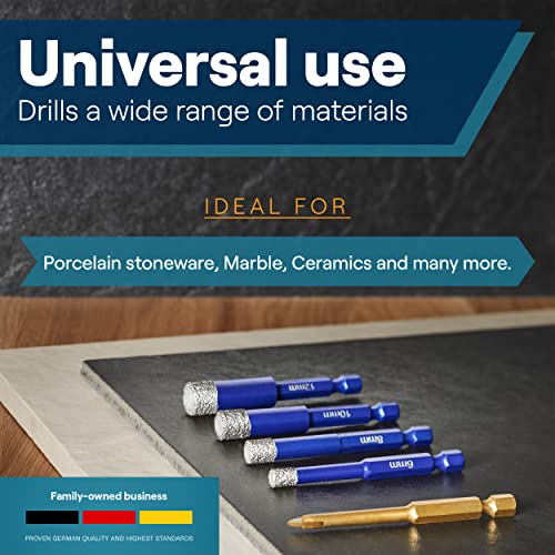 Dry Diamond Drill Bits - 5 Pcs Set 1/4", 5/16", 3/8",1/2" - Tile Drill Bits & 1/4 Carbide Drill Bit - Diamond Tip Drill Bit for Glass, Ceramic, Tile, Marble, Porcelain - Glass Drill Bit with Hex Shank