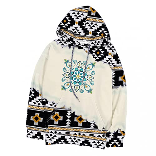 Baralonly Womens Casual Ethnic Style Hooded Sweatshirt Geometric Horse Print Long Sleeve Drawstring Pullover Tops