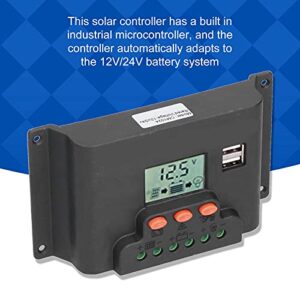 Solar Charge Controller, Solar Panel Controller LCD Auto USB Dual Port PWM Adjustable Solar Charge Controller for Industry 12/24V (20A)