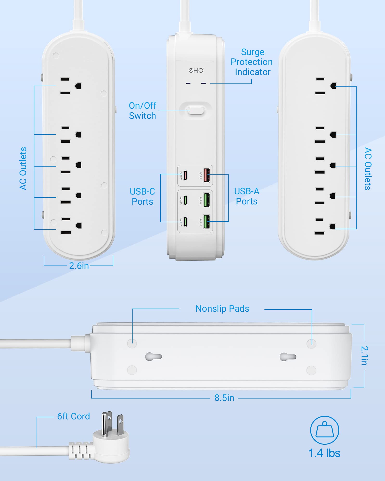 PD 40W USB C Power Strip Surge Protector, 10 Outlets and 6 USB Ports, Flat Plug Desktop USB C Super Fast Charging Station QC 18W Power Bar with 6ft Extension Cord for Home/Office, 1875W/15A, 4500J