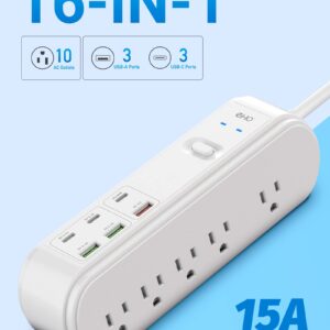 PD 40W USB C Power Strip Surge Protector, 10 Outlets and 6 USB Ports, Flat Plug Desktop USB C Super Fast Charging Station QC 18W Power Bar with 6ft Extension Cord for Home/Office, 1875W/15A, 4500J