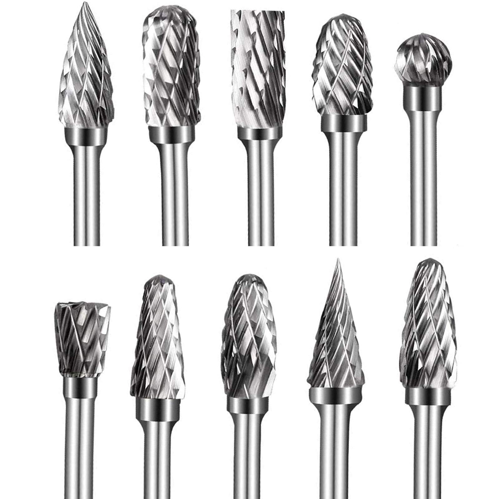 Double Cut Tungsten Carbide Carving Bits for Rotary Tool, 10 Pcs Rotary Burr Set with 1/8 inch Shank and 1/4 inch Grinding Head for DIY, Woodworking, Engraving, Metal Carving, Drilling, Polishing