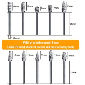 Double Cut Tungsten Carbide Carving Bits for Rotary Tool, 10 Pcs Rotary Burr Set with 1/8 inch Shank and 1/4 inch Grinding Head for DIY, Woodworking, Engraving, Metal Carving, Drilling, Polishing