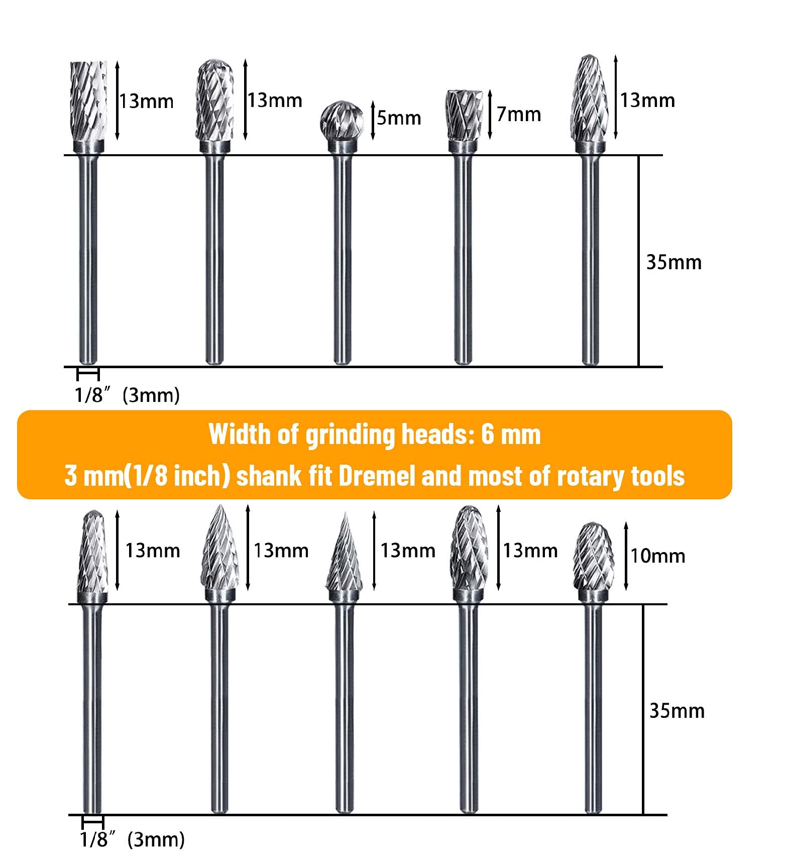 Double Cut Tungsten Carbide Carving Bits for Rotary Tool, 10 Pcs Rotary Burr Set with 1/8 inch Shank and 1/4 inch Grinding Head for DIY, Woodworking, Engraving, Metal Carving, Drilling, Polishing