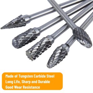 Double Cut Tungsten Carbide Carving Bits for Rotary Tool, 10 Pcs Rotary Burr Set with 1/8 inch Shank and 1/4 inch Grinding Head for DIY, Woodworking, Engraving, Metal Carving, Drilling, Polishing